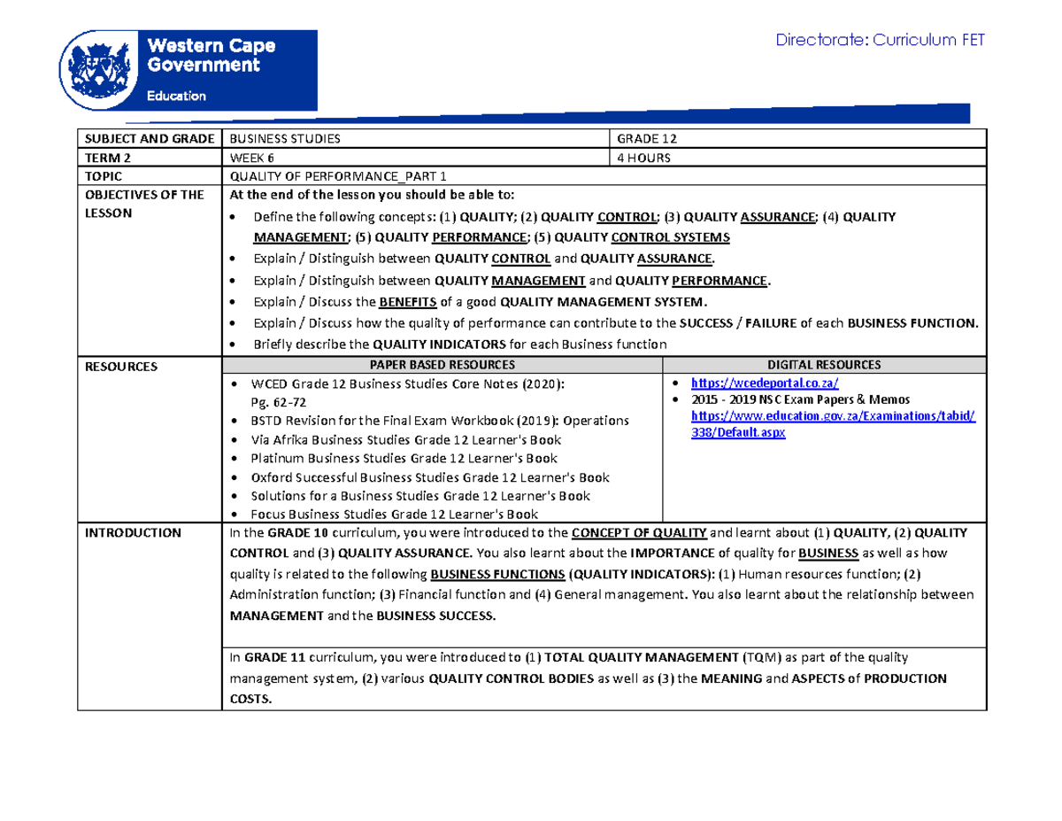 Grade 12 Business Studies: Quality of Performance - Term 2 Week 6 Notes ...