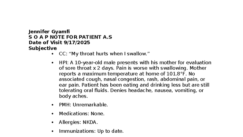 SOAP Note for Patient A.S - Throat Pain Evaluation - Studocu