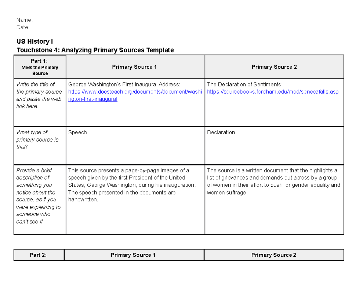 US History I: Touchstone 4 - Analyzing Primary Sources - Studocu