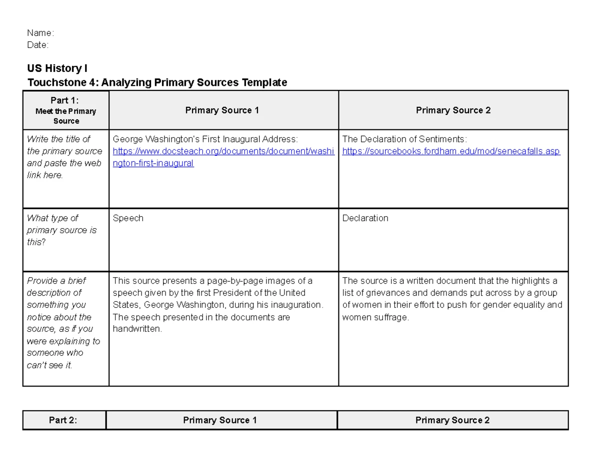 Touchstone 4: Primary Sources Analysis for US History I Assign. - Studocu