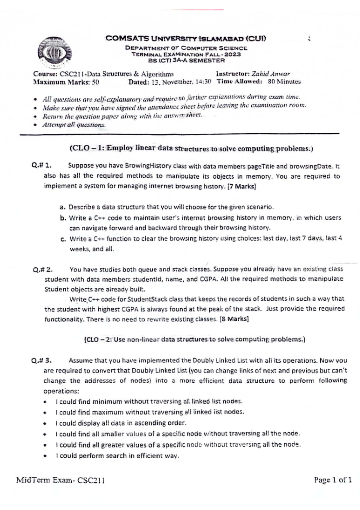 FA23-Midterm Exam: Data Structures & Algorithms (CSC211) - Studocu