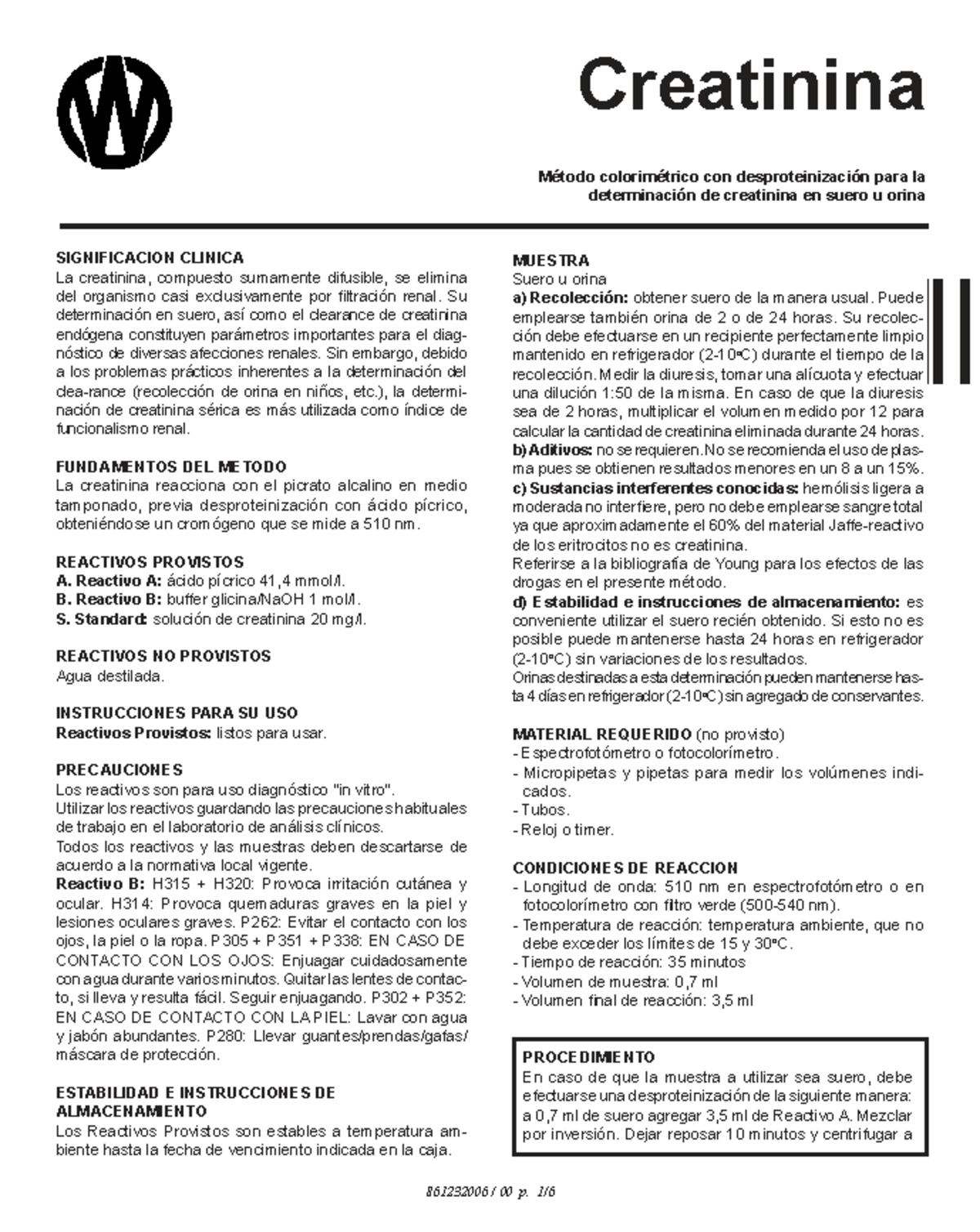 Determinación Colorimétrica de Creatinina en Suero y Orina 861232006 ...