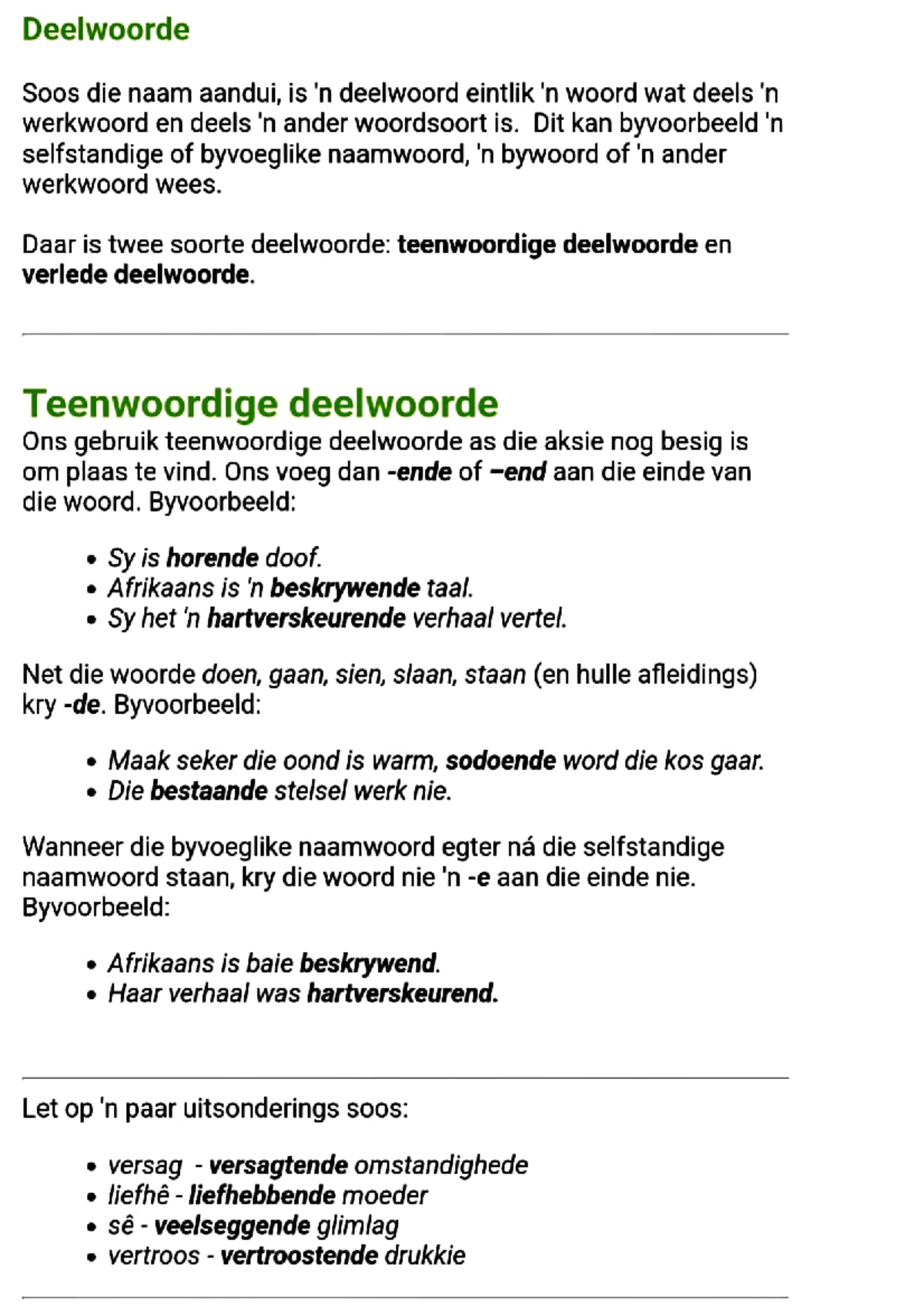 Deelwoorde in Afrikaans: Teen- en Verlede Deelwoorde Uitleg - Studocu