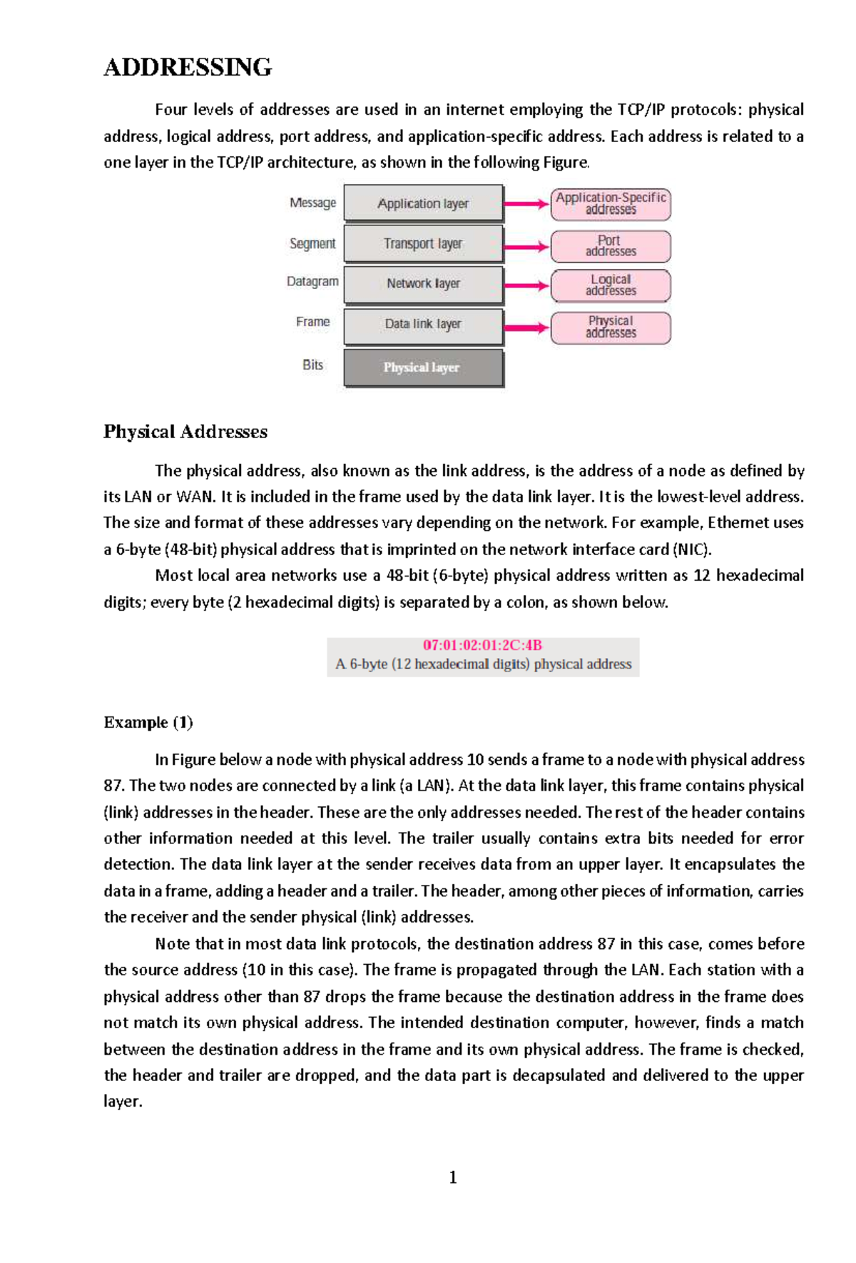 Addressing in Networking: Physical, Logical, and Port Addresses - Studocu