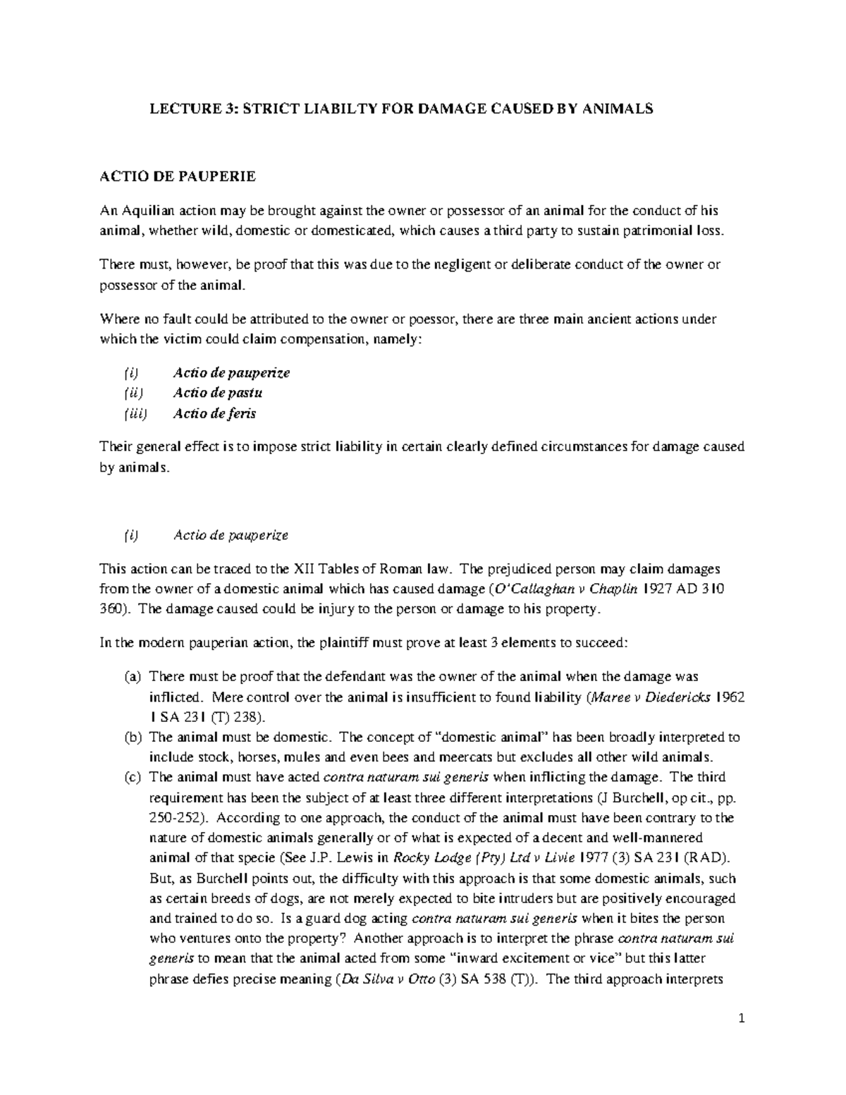 Lecture III: Strict Liability for Animal Damage - Key Concepts - Studocu