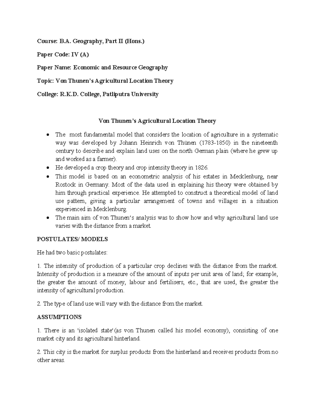 B.A. Geography IV(A) - Lecture Notes on Von Thunen’s Theory - Studocu