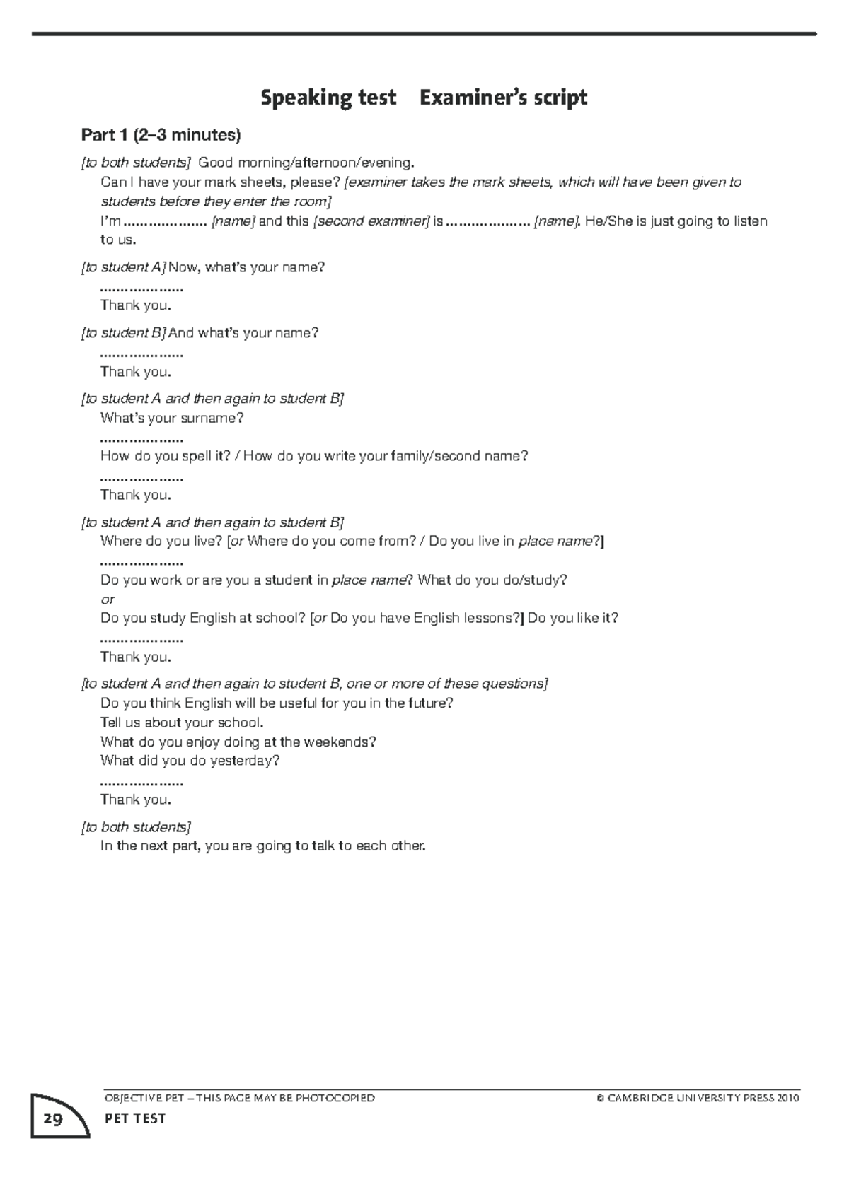 Obj PET Speaking Test Script and Notes - Studocu