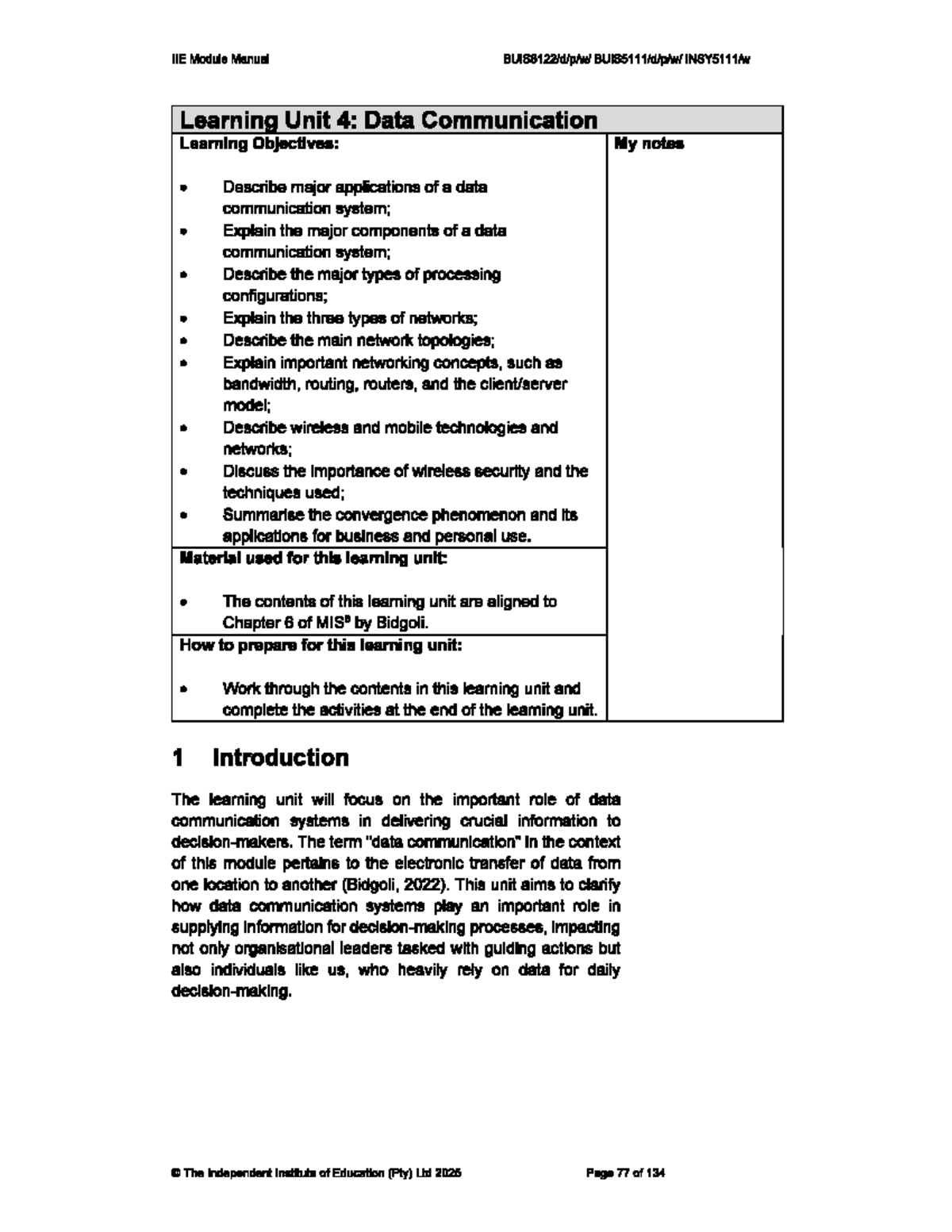 IIE Module Manual: Learning Unit 4 - Data Communication Overview and ...