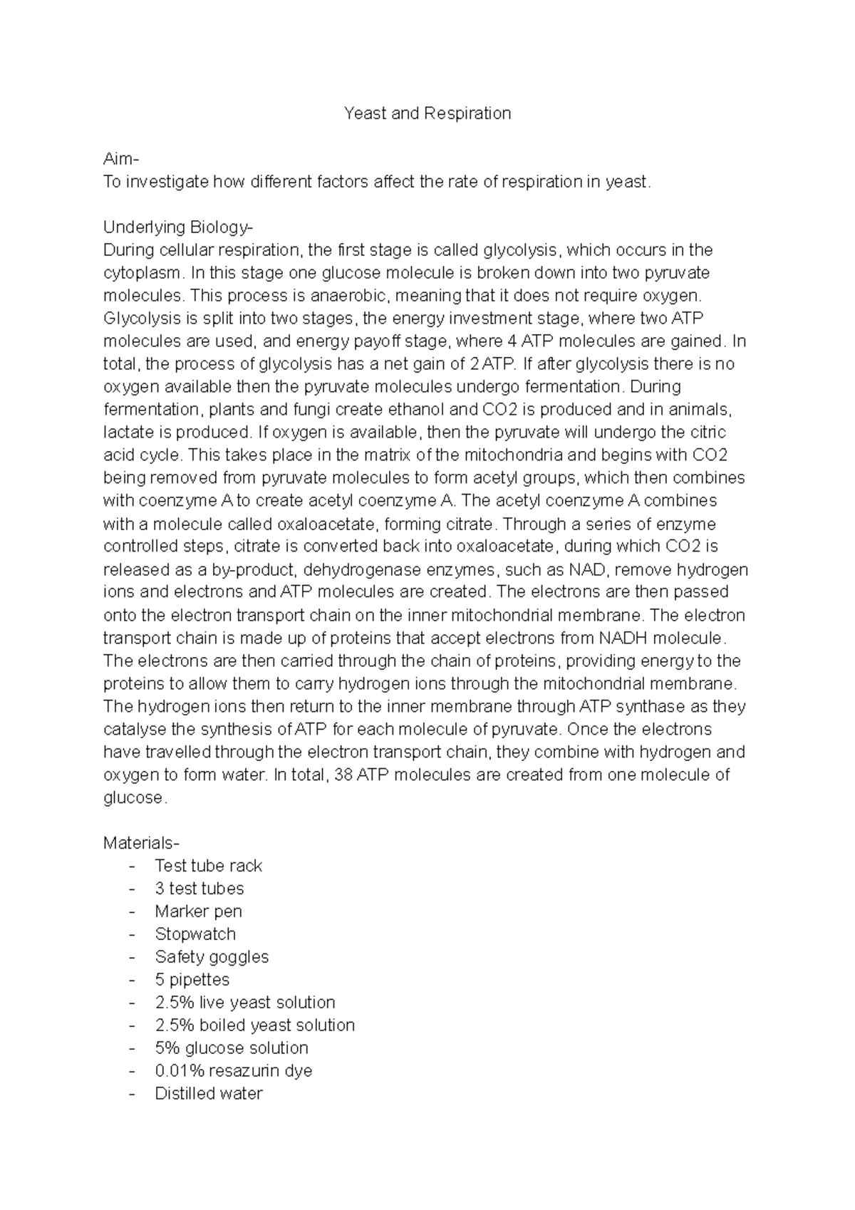 Biology Experiment: Investigating Yeast Respiration Factors - Studocu