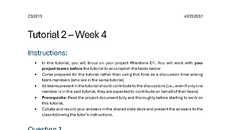 CS3219 AY2526S1 Tutorial 2: Project Milestone D1 Instructions - Studocu