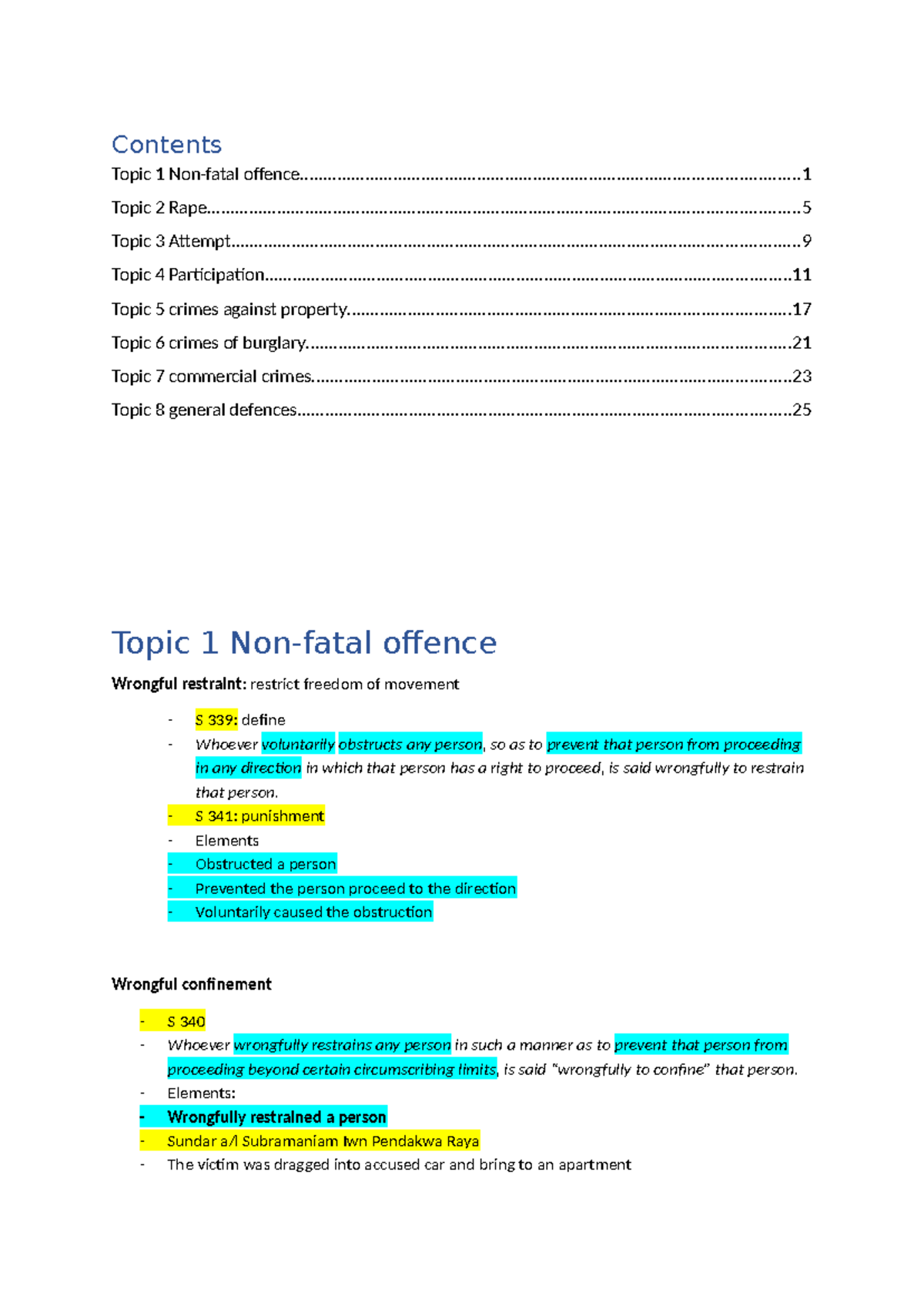 Criminal Law 2 Final Exam Notes: Offences & Defences Overview - Studocu