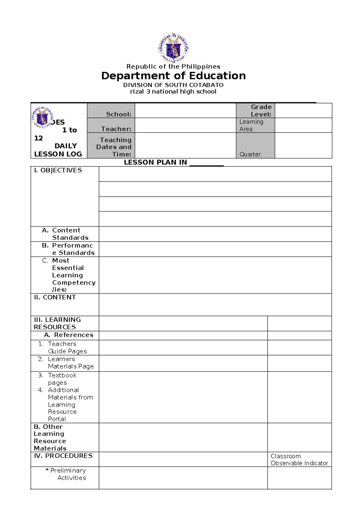 Lesson plan template 1 - guide - Republic of the Philippines Department of Education DIVISION OF ...