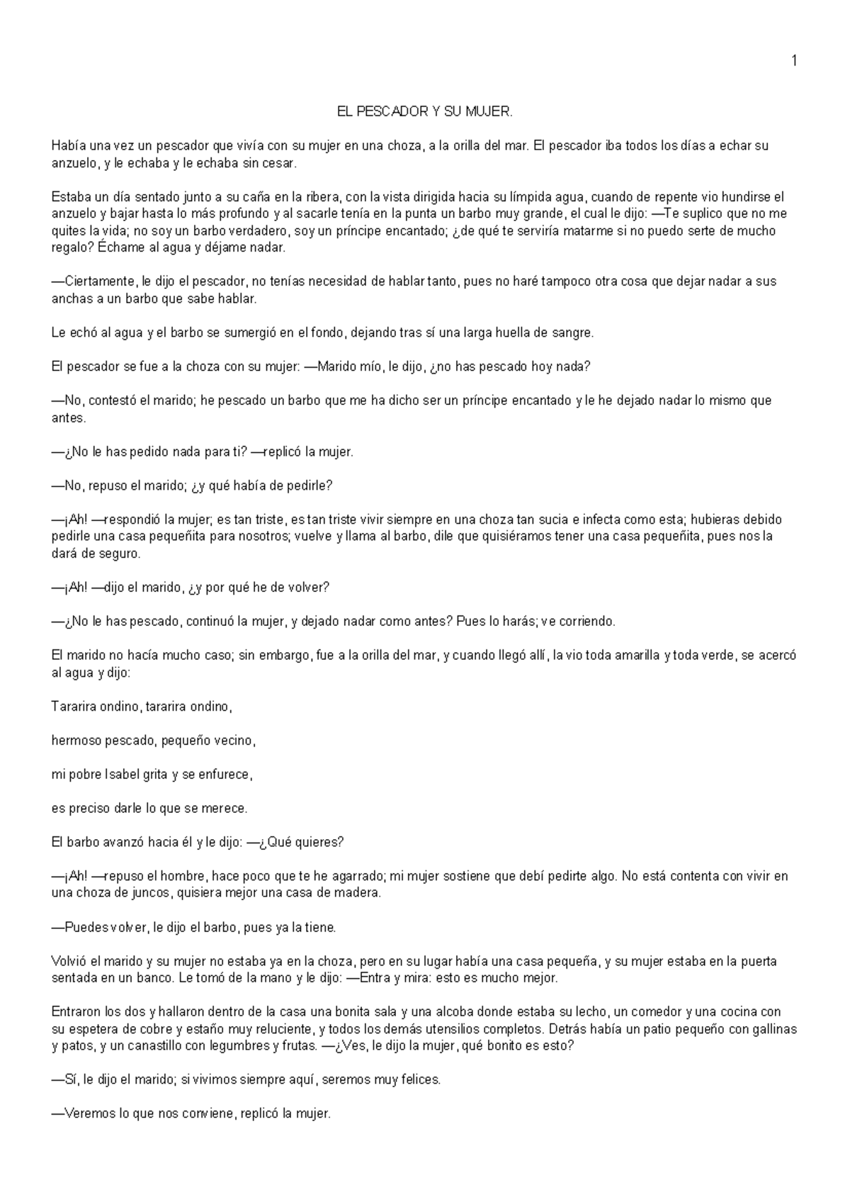 EL Pescador Y SU Mujer - cuento - EL PESCADOR Y SU MUJER. Había una vez ...