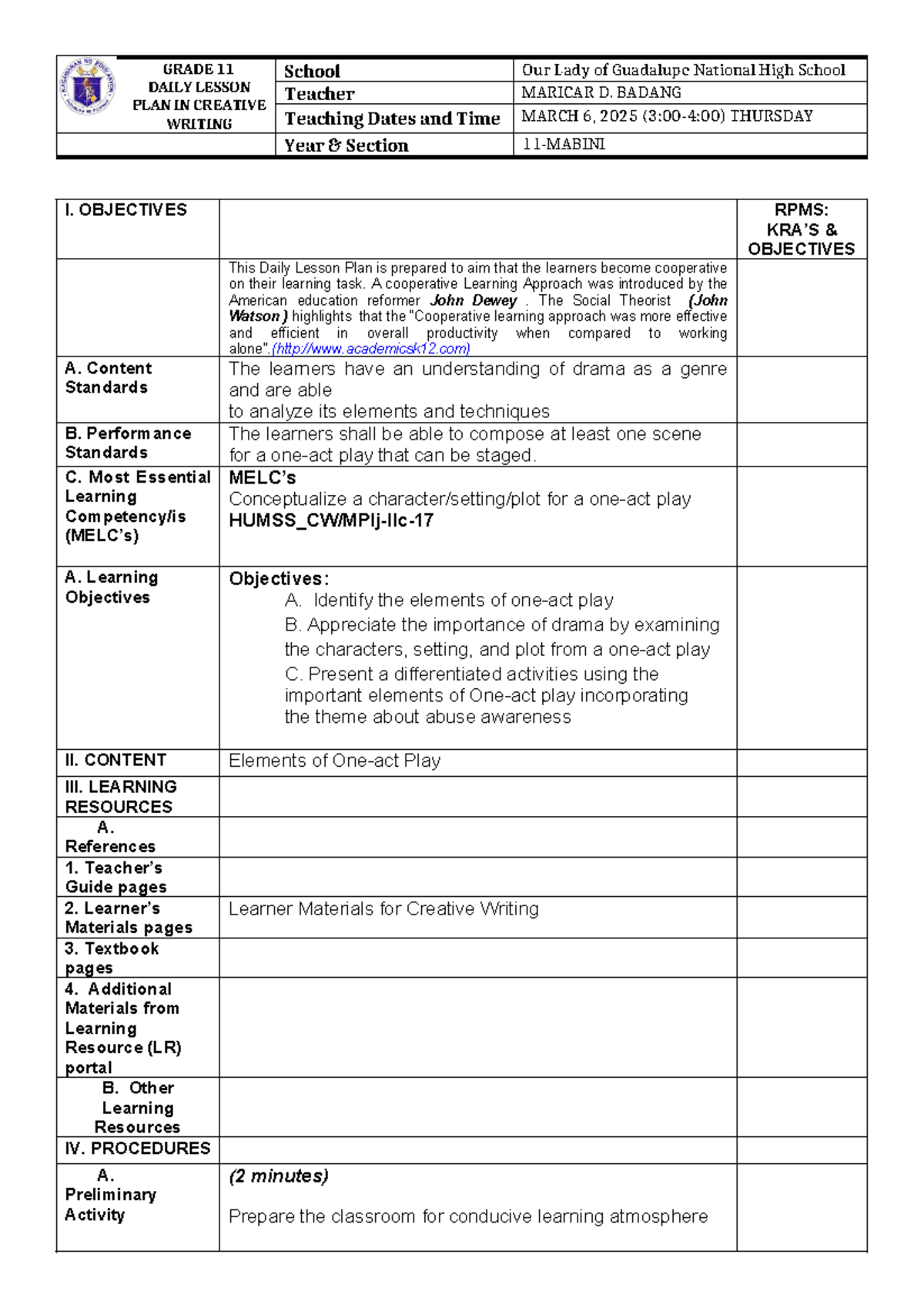 Lesson Plan for Creative Writing - Grade 11 (11-MABINI) - Studocu