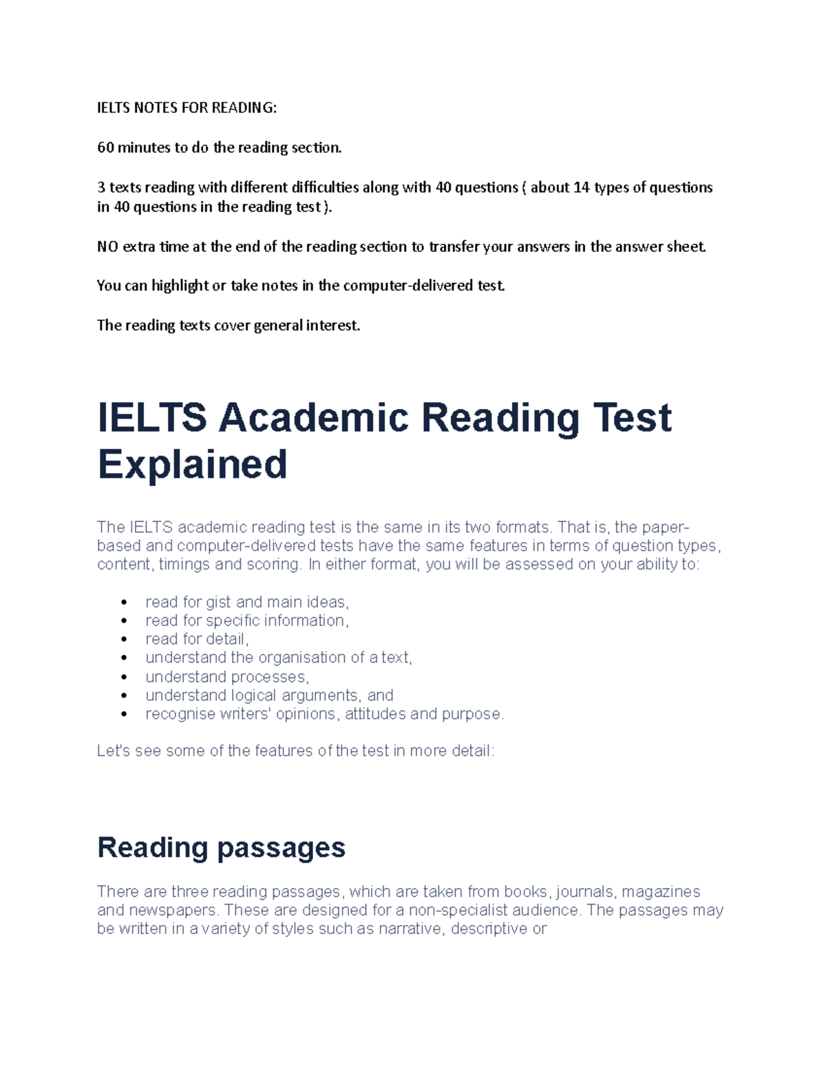Ielts Academic Reading Test Explained - IELTS NOTES FOR READING: 60 ...