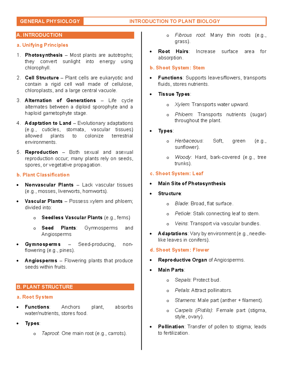 BIO 101 - General Physiology: Intro to Plant Biology Overview - Studocu