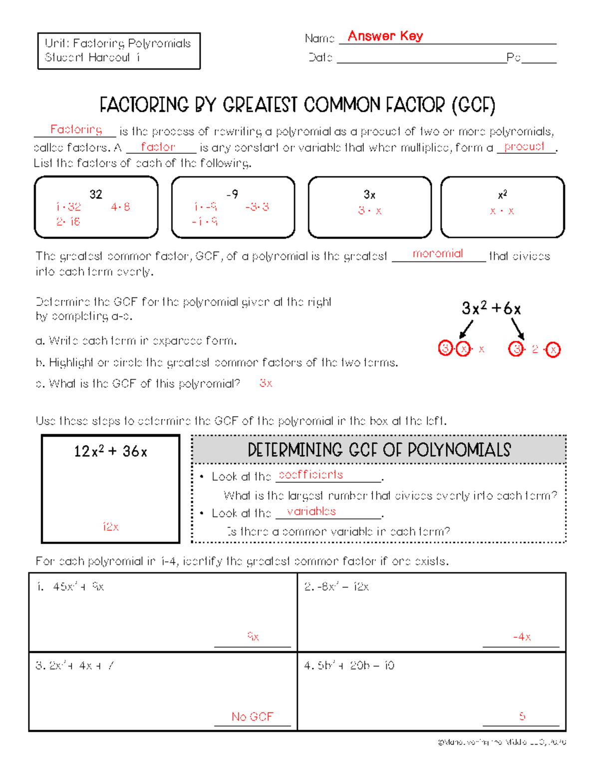 Factoring Polynomials: Student Handout on GCF Techniques (MATH 101 ...