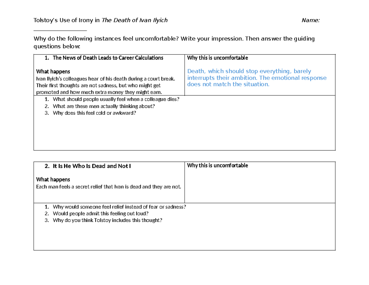 Irony in The Death of Ivan Ilyich - Analysis Handout - Studocu