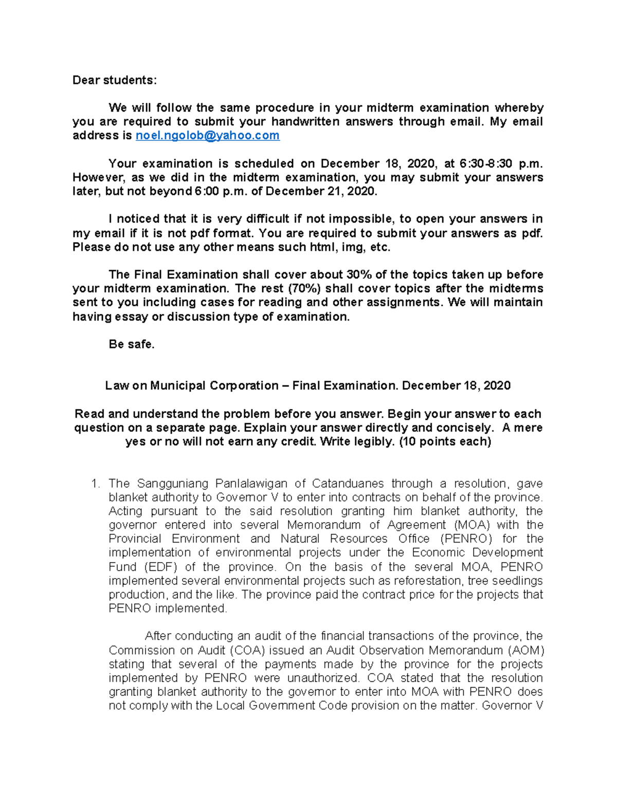 LMC- Finals Exam: Guidelines and Case Analysis for Law on Municipal ...