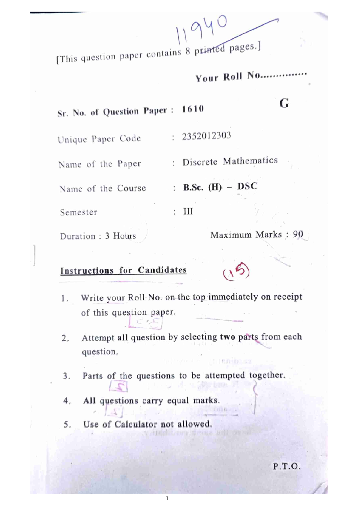 DM 11940 Discrete Mathematics Question Paper - B.Sc. (H) Final Exam ...