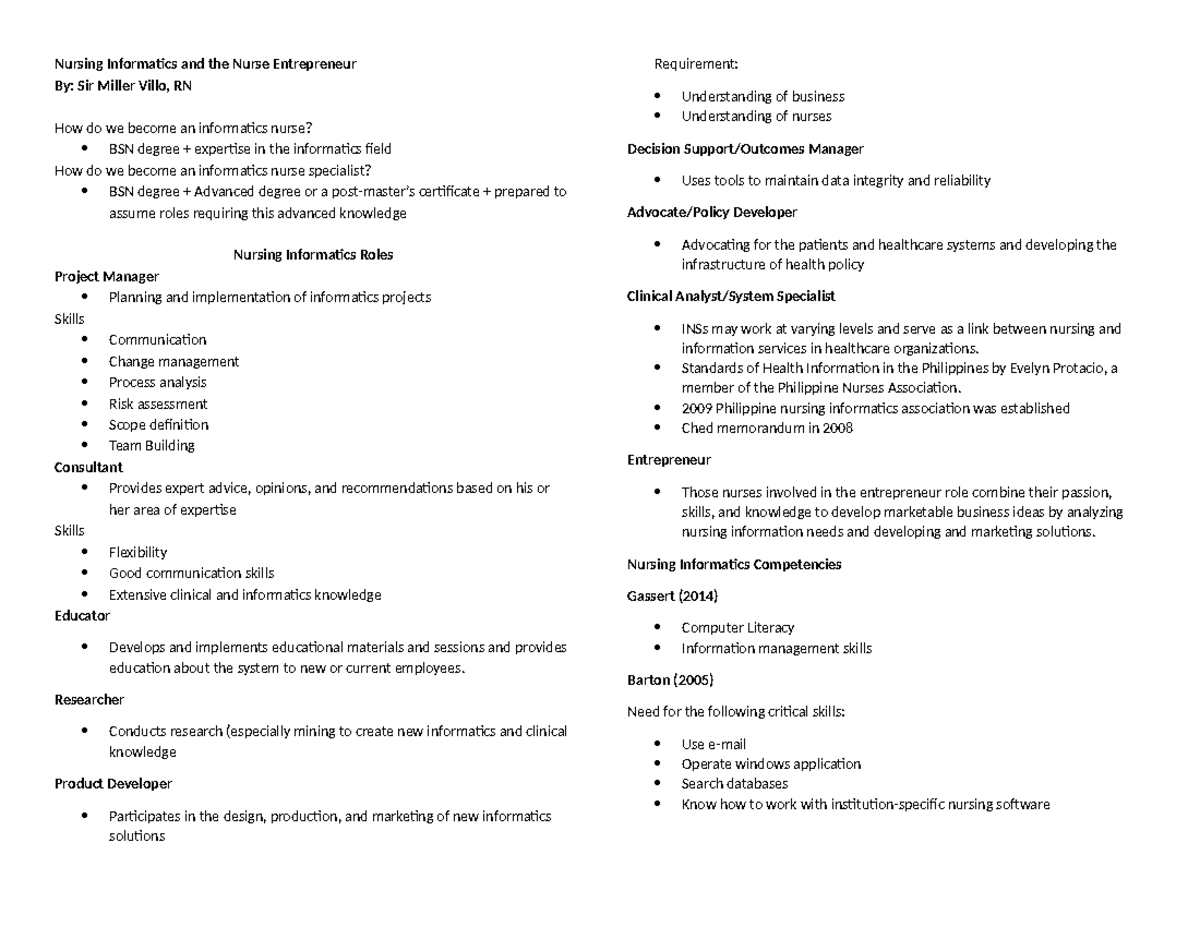 Nursing Informatics Roles and Competencies: BSN Insights - Studocu