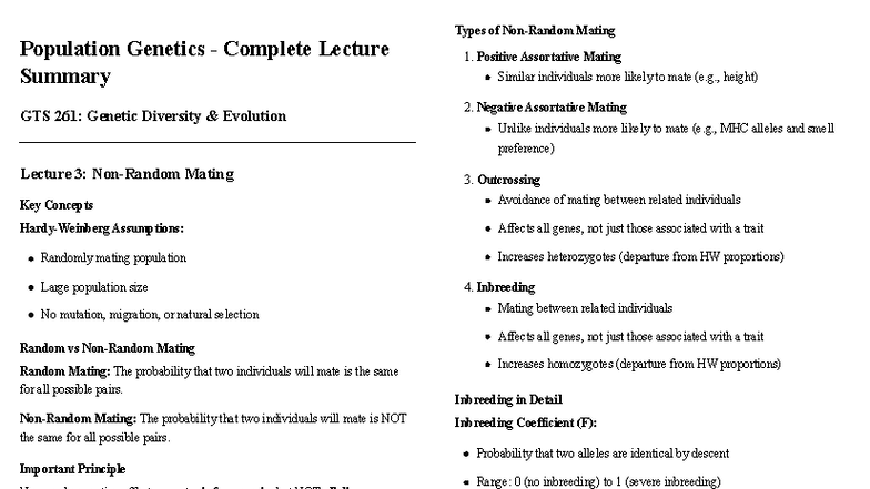 Population Genetics Lecture Summary GTS 261: Mating, Drift, and ...