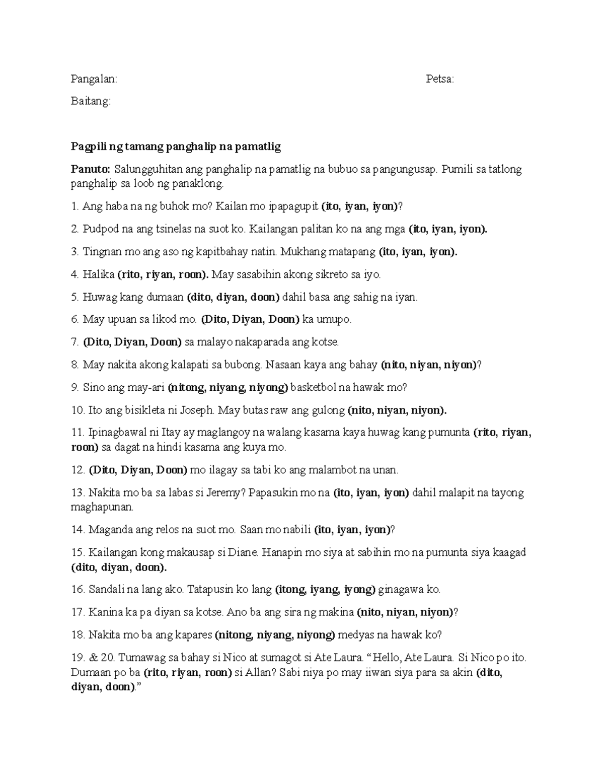 Pagsusulit sa Panghalip Pamatlig 1: Pumili ng Tamang Sagot - Studocu