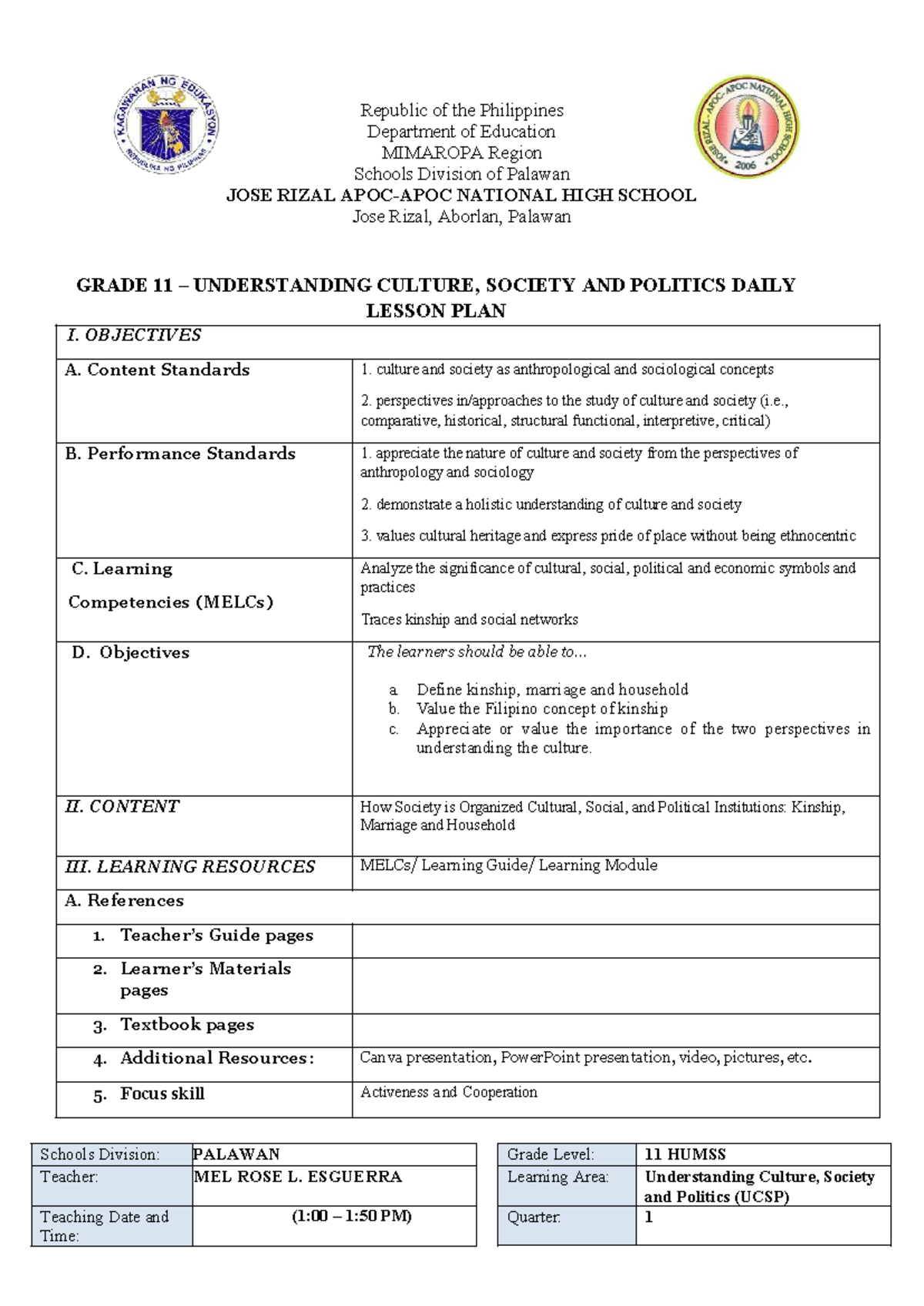 DLP 3 - Grade 11 UCSP Daily Lesson Plan on Culture and Society - Studocu