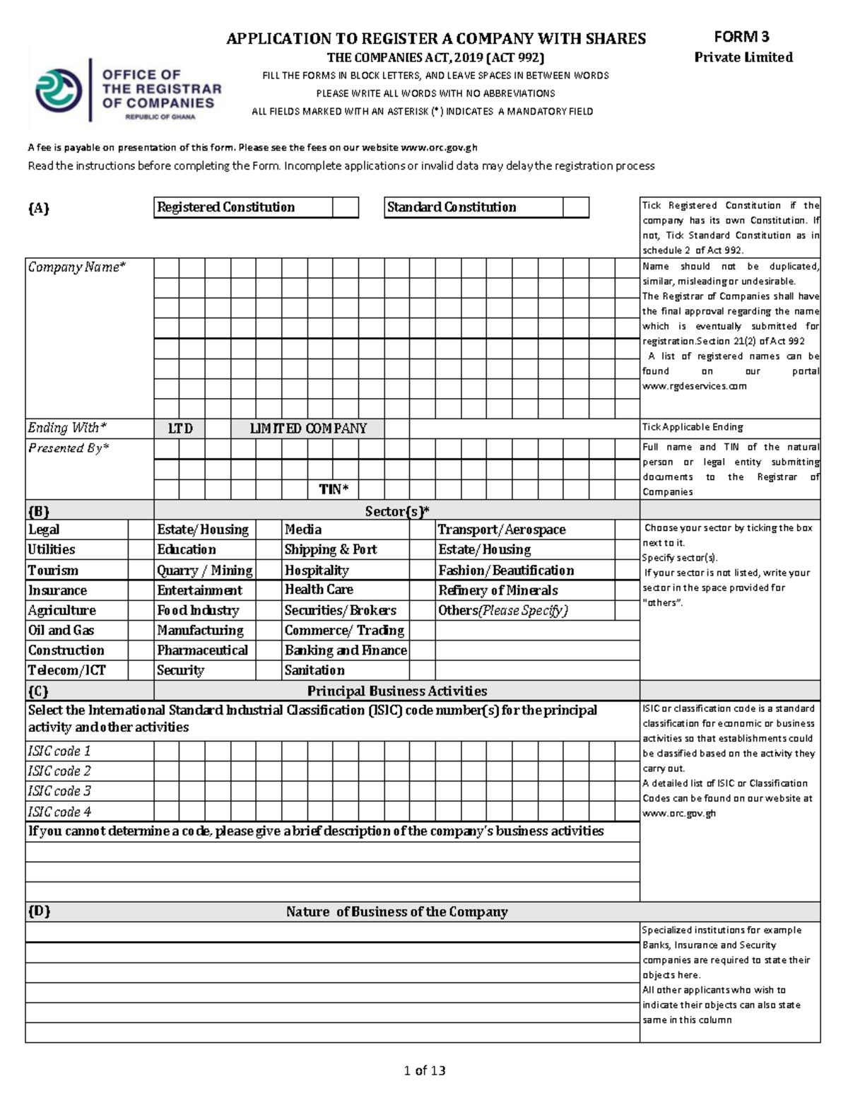 Application Form 3 for Company Registration with Required Details - Studocu