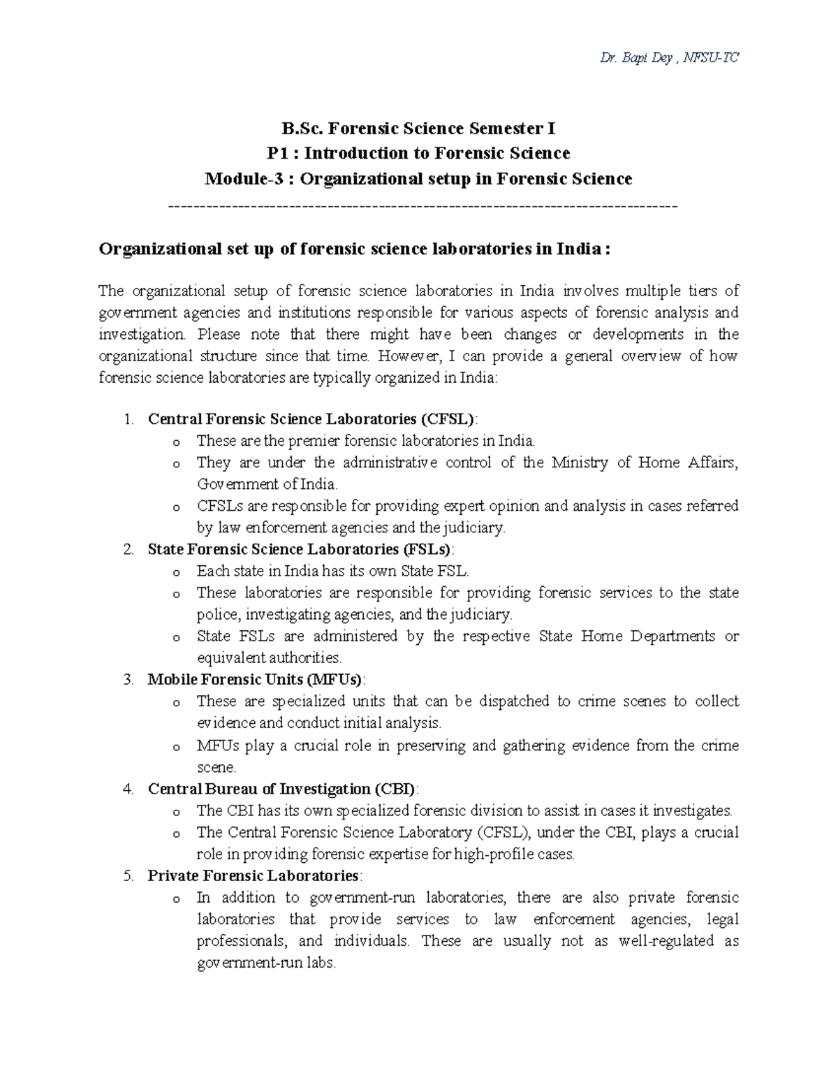 B.Sc. Sem 1 P1 M3: Org Setup in Forensic Science in India - Studocu