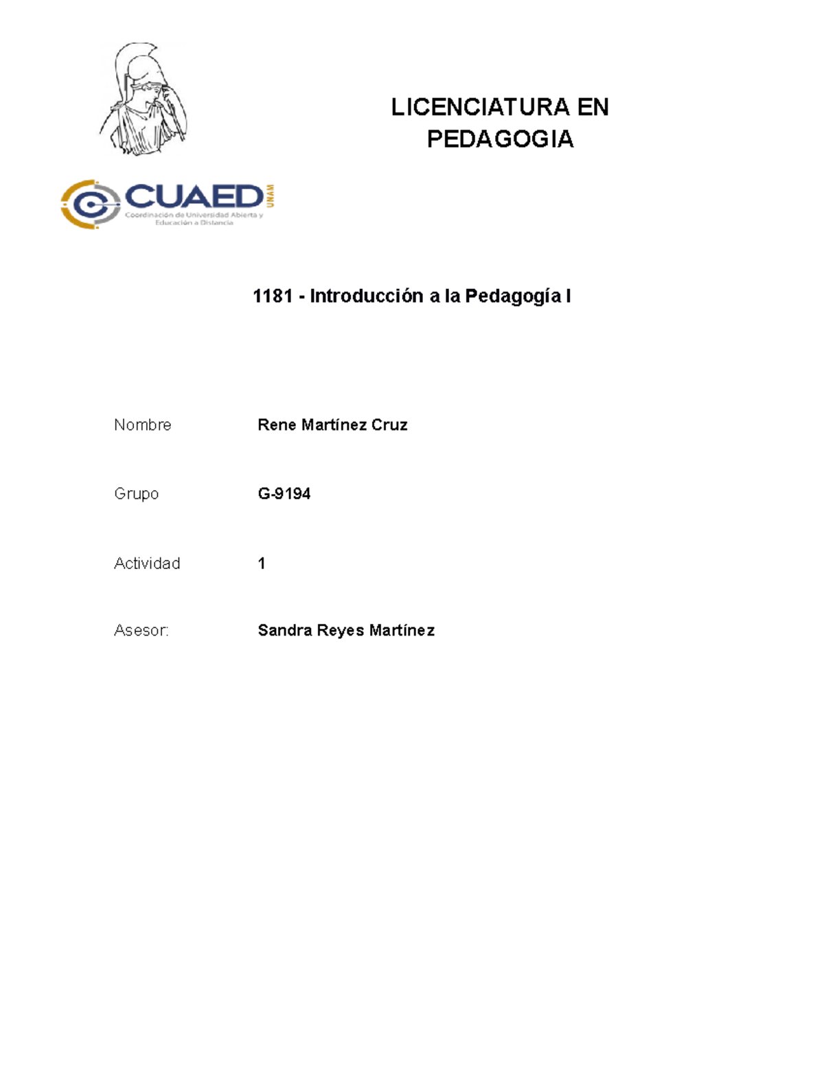 Actividad 1: Introducción a la Pedagogía - U 1 ACT 1 - Studocu