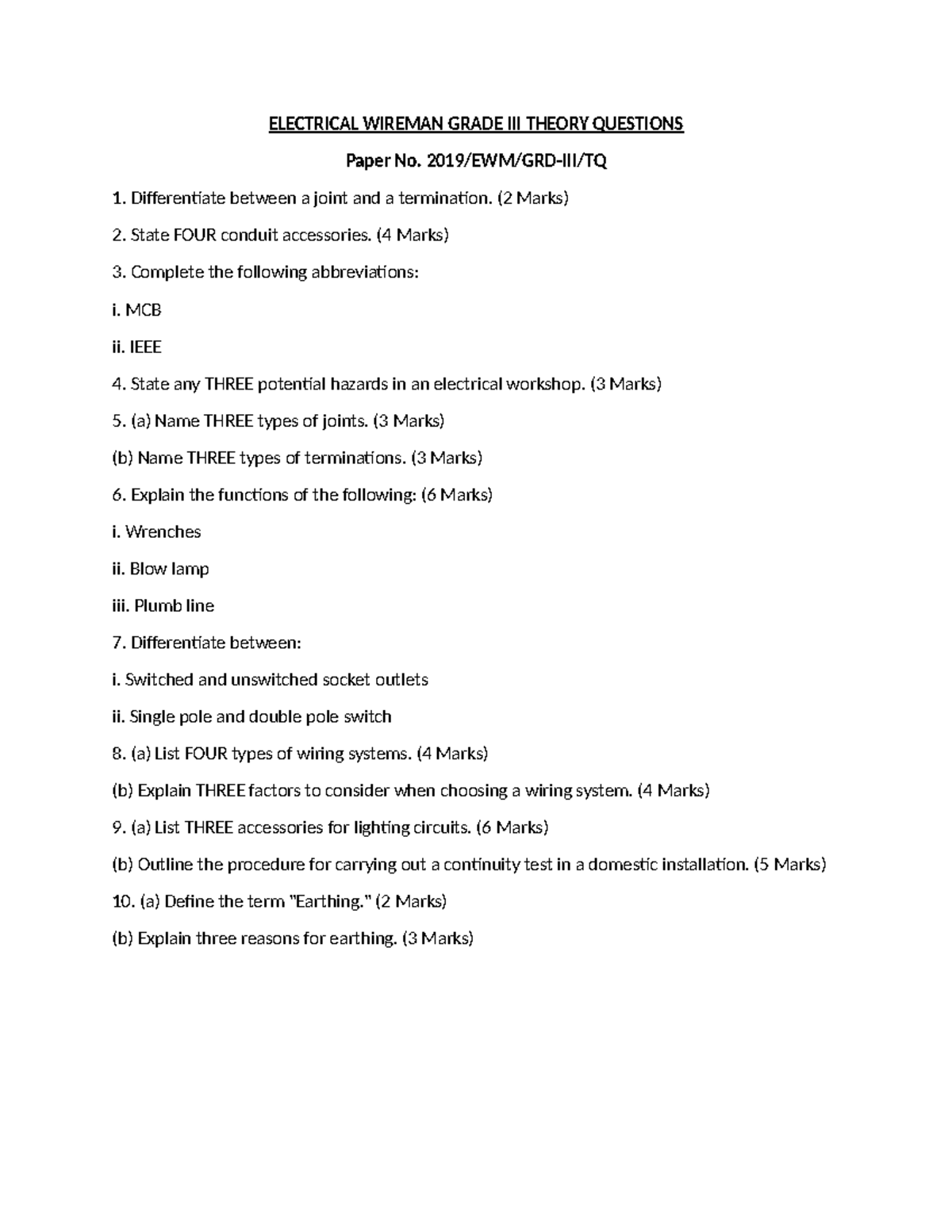 Electrical Wireman Grade III Theory Questions and Answers - Studocu