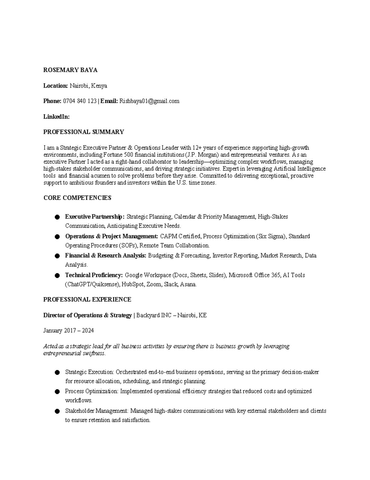 ROSEMARY BAYA: Executive Assistant Profile & Experience Overview - Studocu