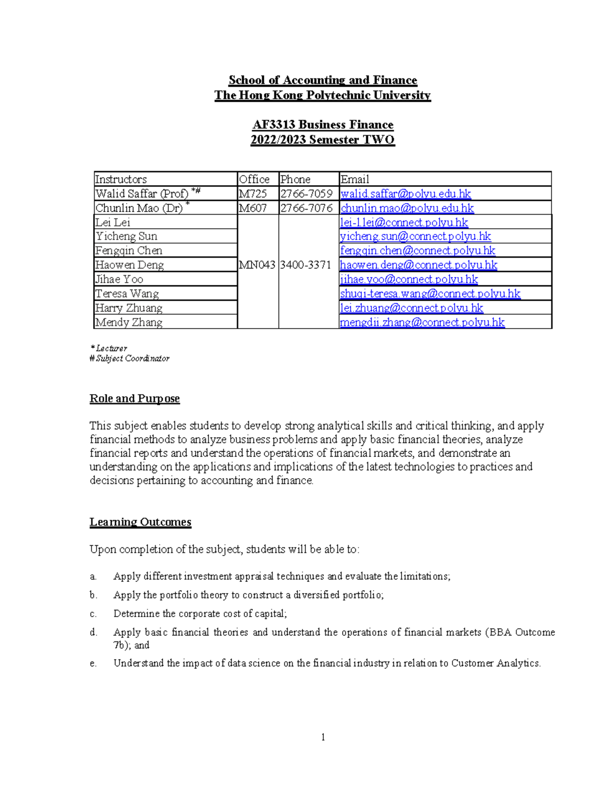 AF3313 Business Finance Course Outline - Semester 2 2022-2023 - Studocu