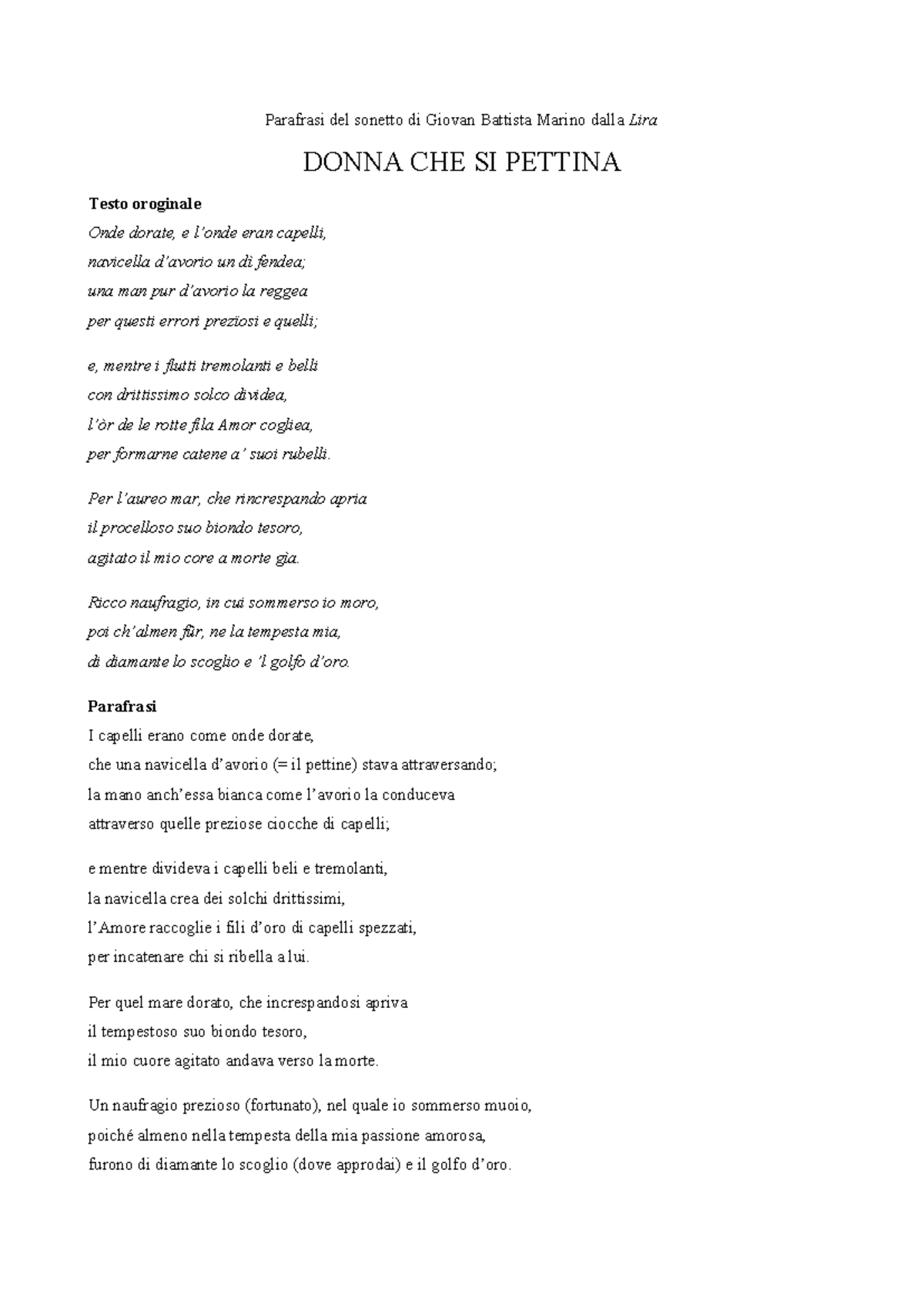 Parafrasi del Sonetto "Donna che si pettina" di Giovan Battista Marino ...