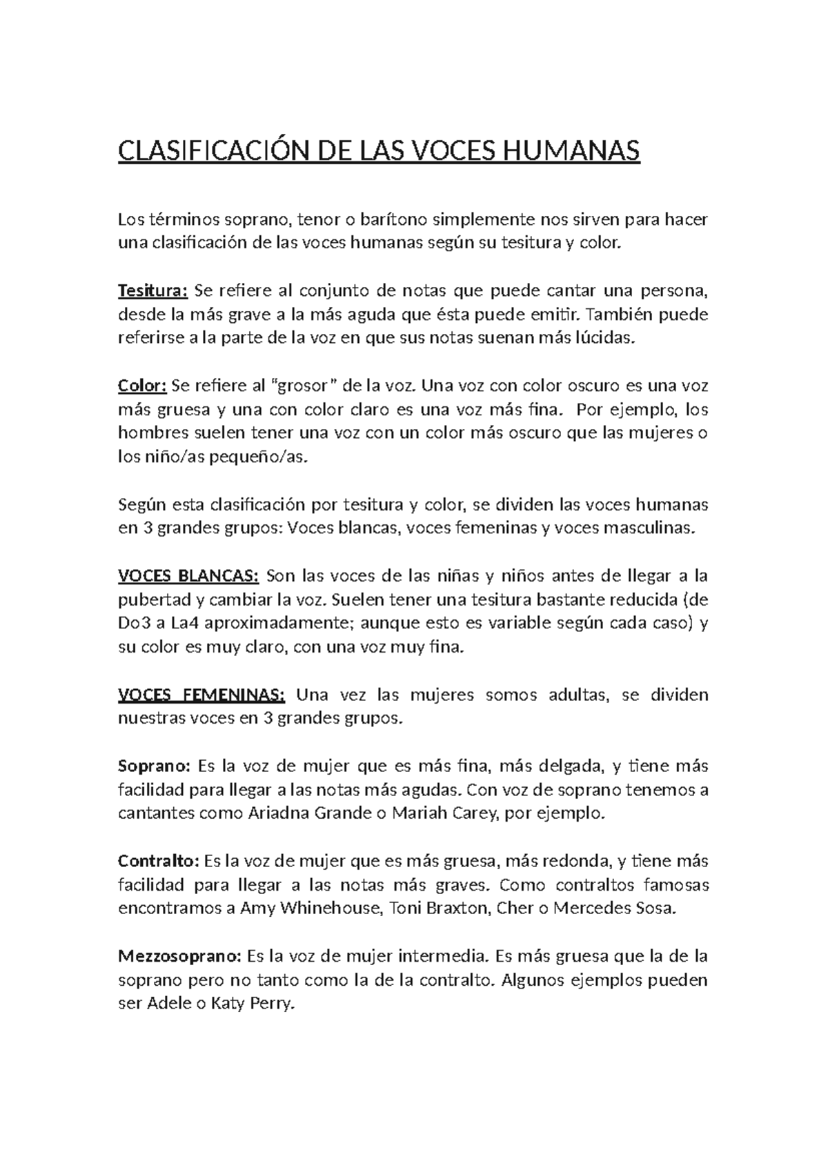 Clasificación DE LAS Voces Humanas - CLASIFICACIÓN DE LAS VOCES HUMANAS ...