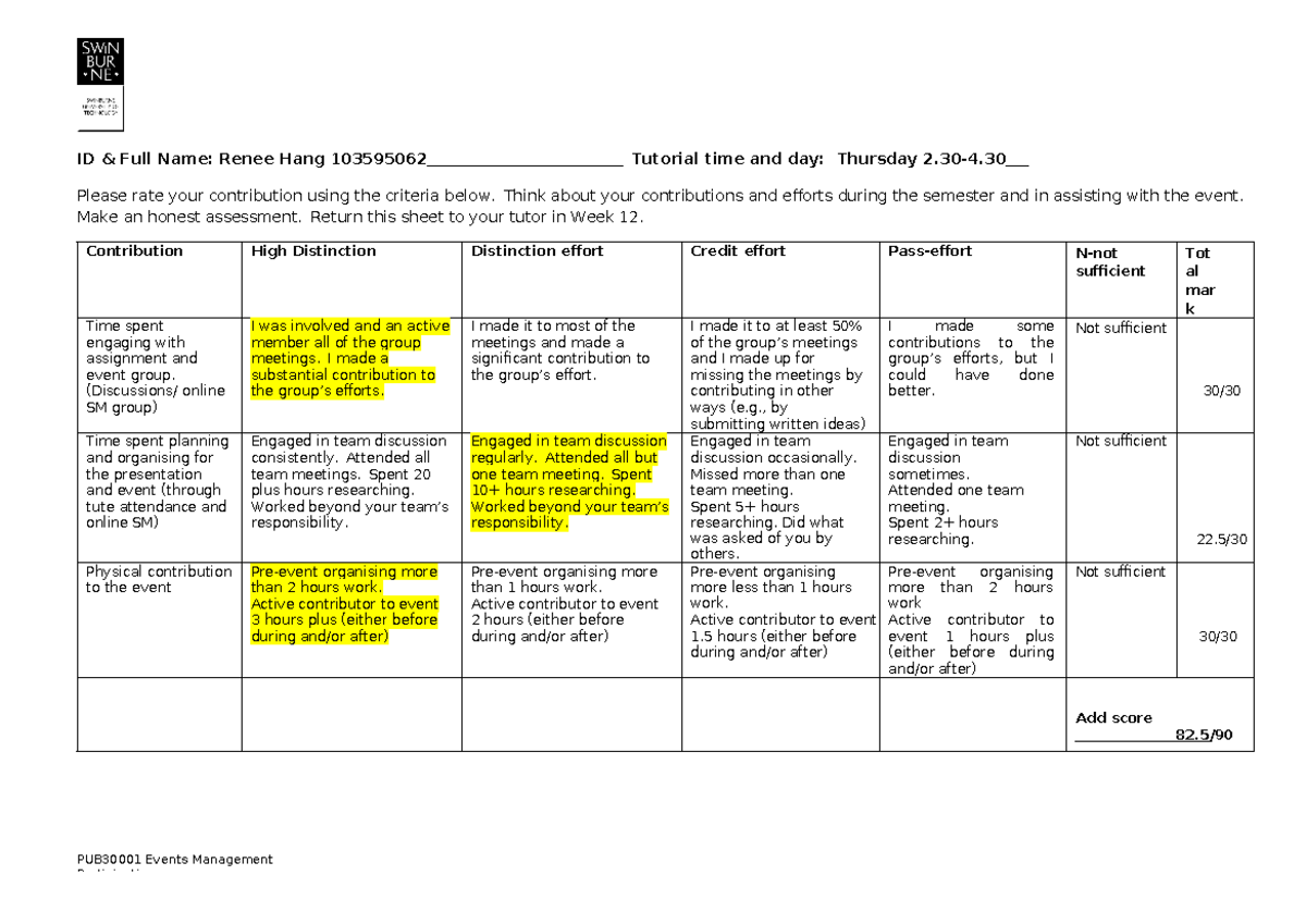 PUB30001 Individual Event Contribution Rubric - PUB30001 Events ...