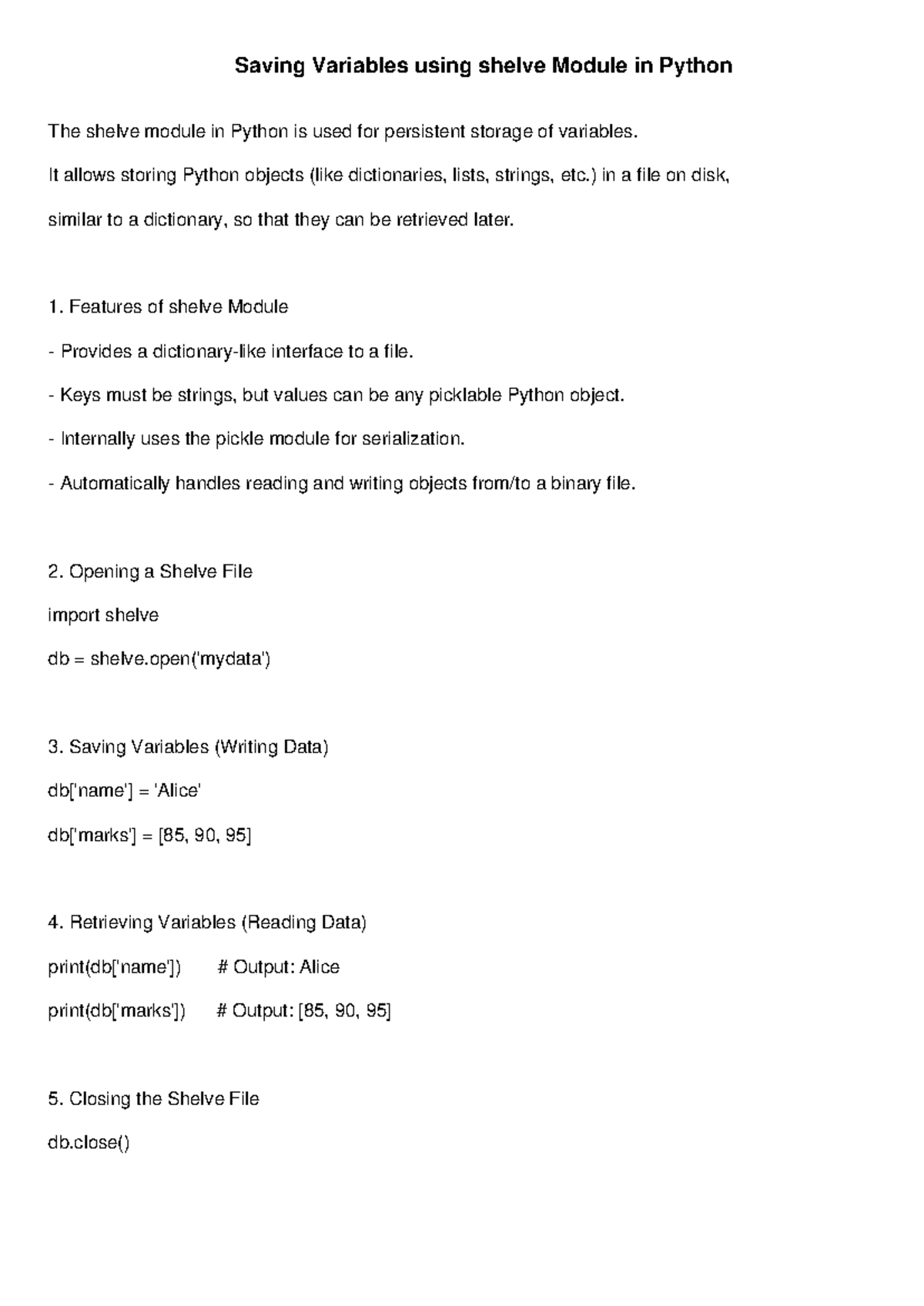 VTU Lecture: Saving Variables with Python's Shelve Module - Studocu