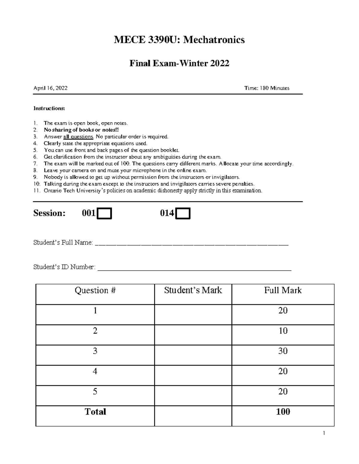 Winter 2022-Final Exam - MECE 3390U: Mechatronics Final Exam-Winter ...
