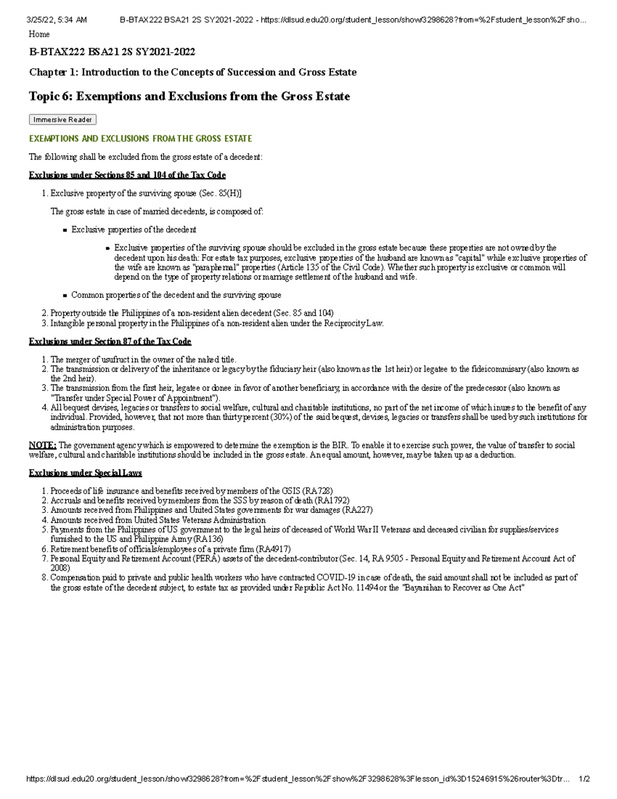 B-BTAX222 BSA21 2S SY2021-2022: Exemptions & Exclusions in Gross Estate - Studocu