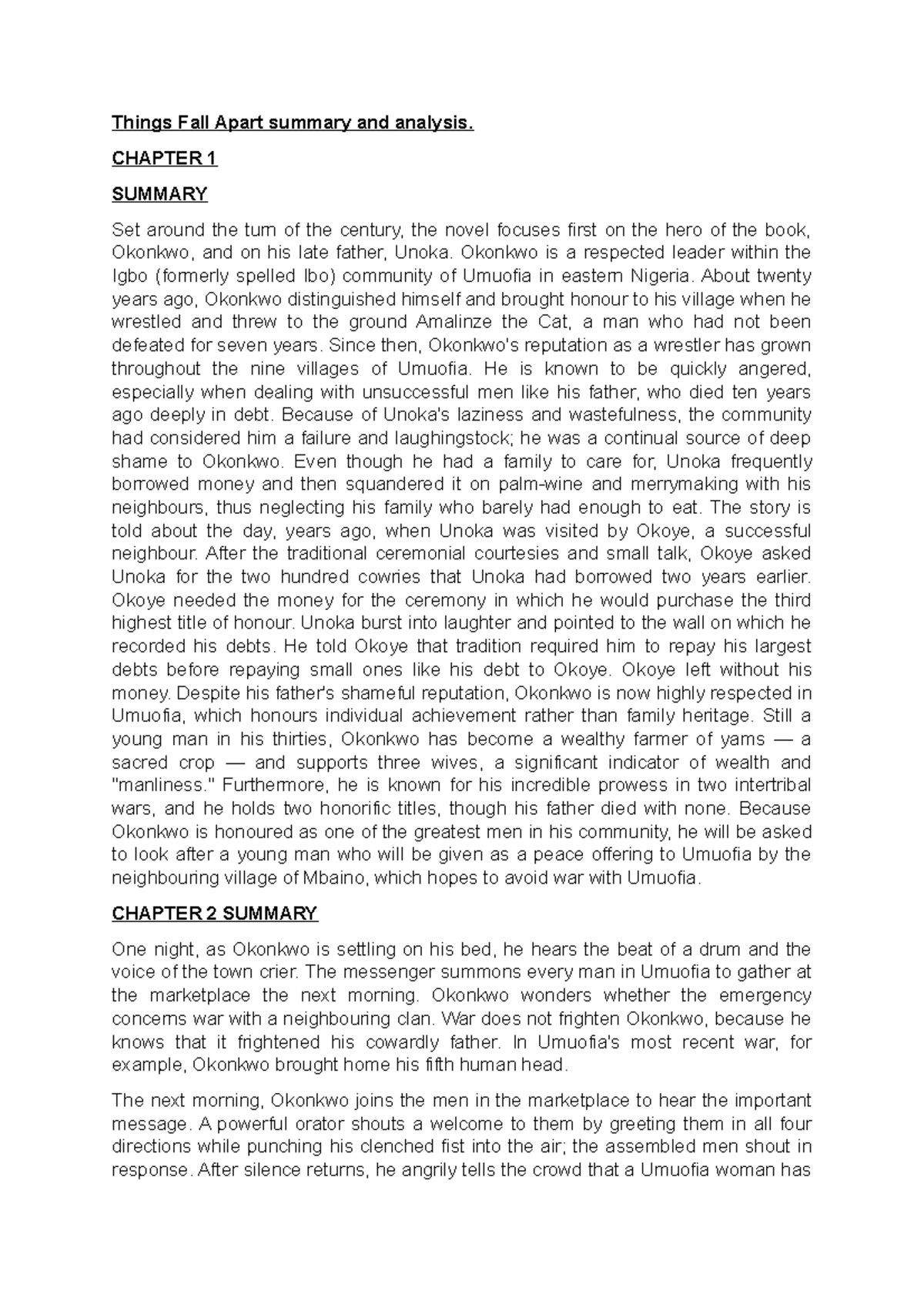 Things Fall Apart (PART 1) - Summary & Analysis of Chapters 1-5 - Studocu