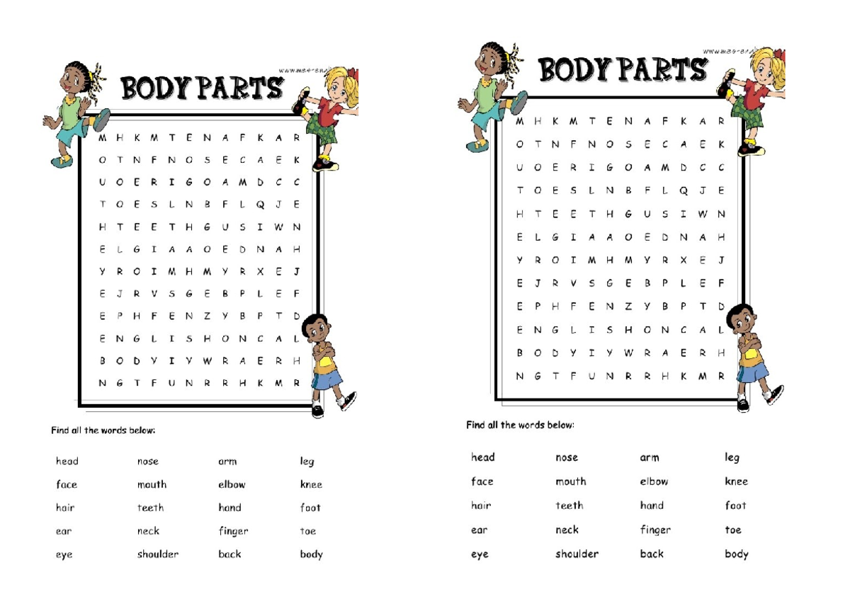 Word Search: Body Parts MHKMTENAFKAR - Vocabulary Review and Guide ...