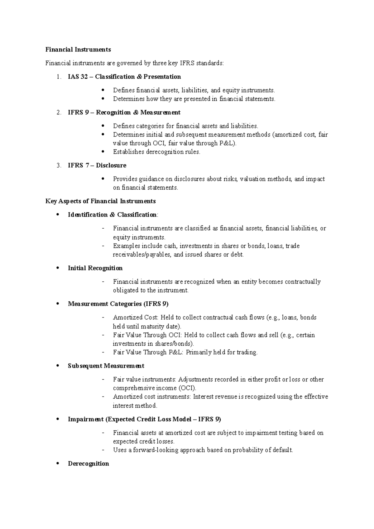 IFRS 9, IAS 32 & 7: Financial Instruments Summary Notes - Studocu