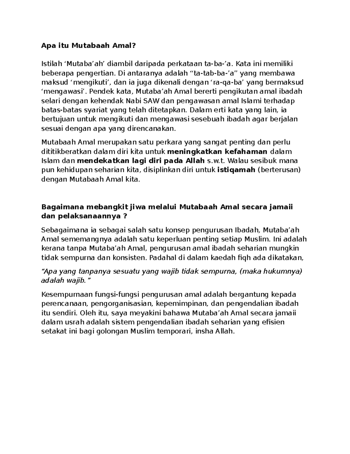 Mutabaah Amal: Pentingnya Pengawasan Ibadah dalam Kehidupan Seharian ...