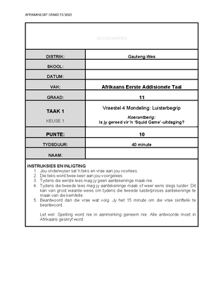 [Solved] Afrikaans paper 3 formats - Afrikaans Grade 11 - Studocu