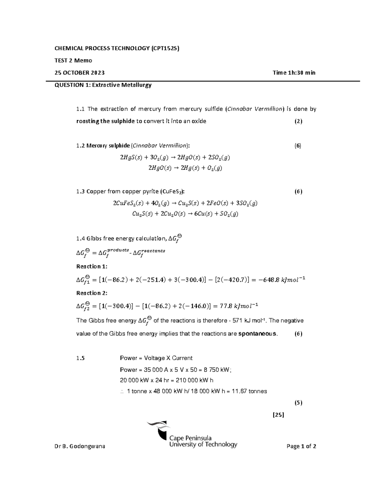 CPT152S Chemical Process Technology Test 2 Memo - 25 Oct 2023 - Studocu