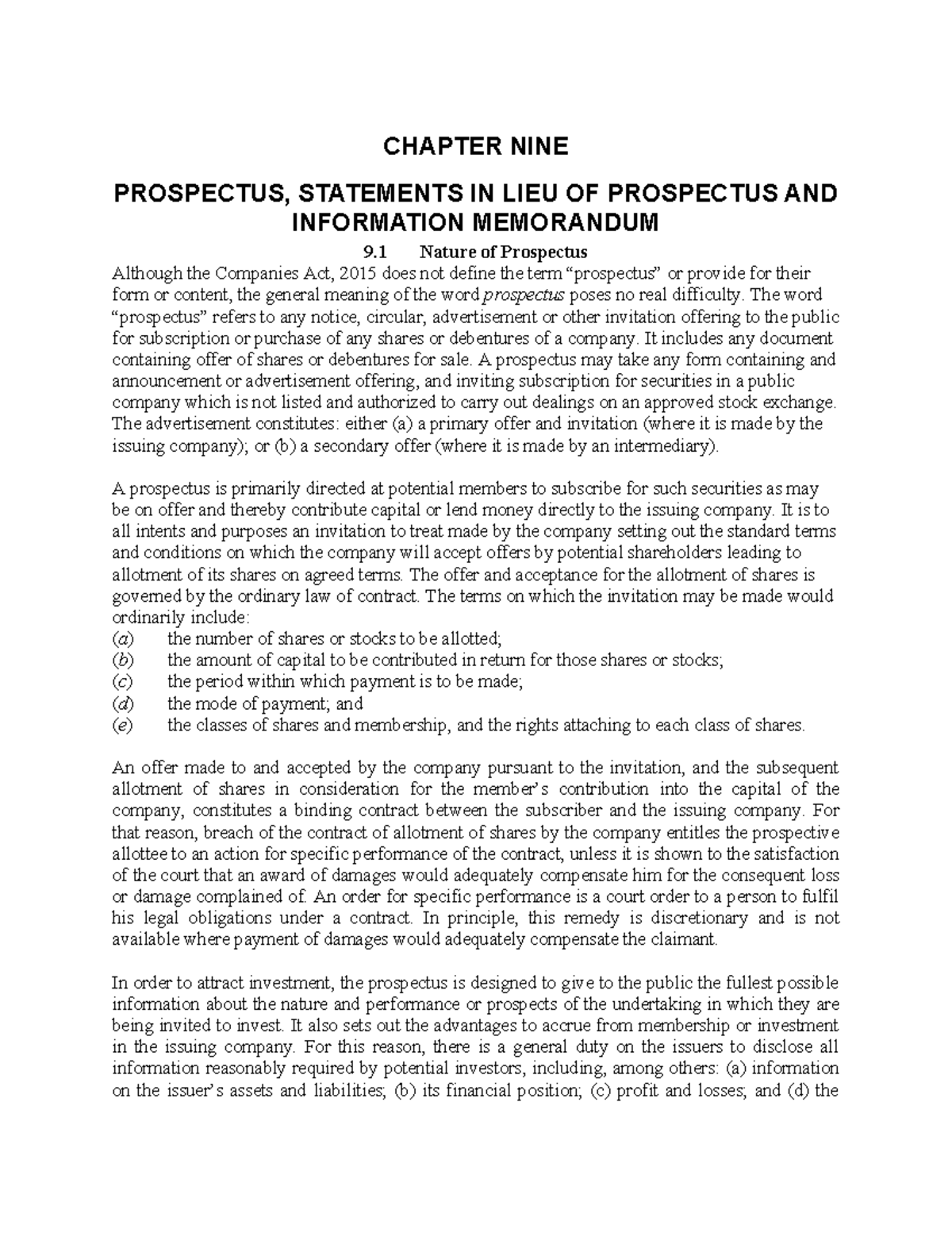 A Handbook of Company Law - CH9: Prospectus & Statements in Lieu - Studocu