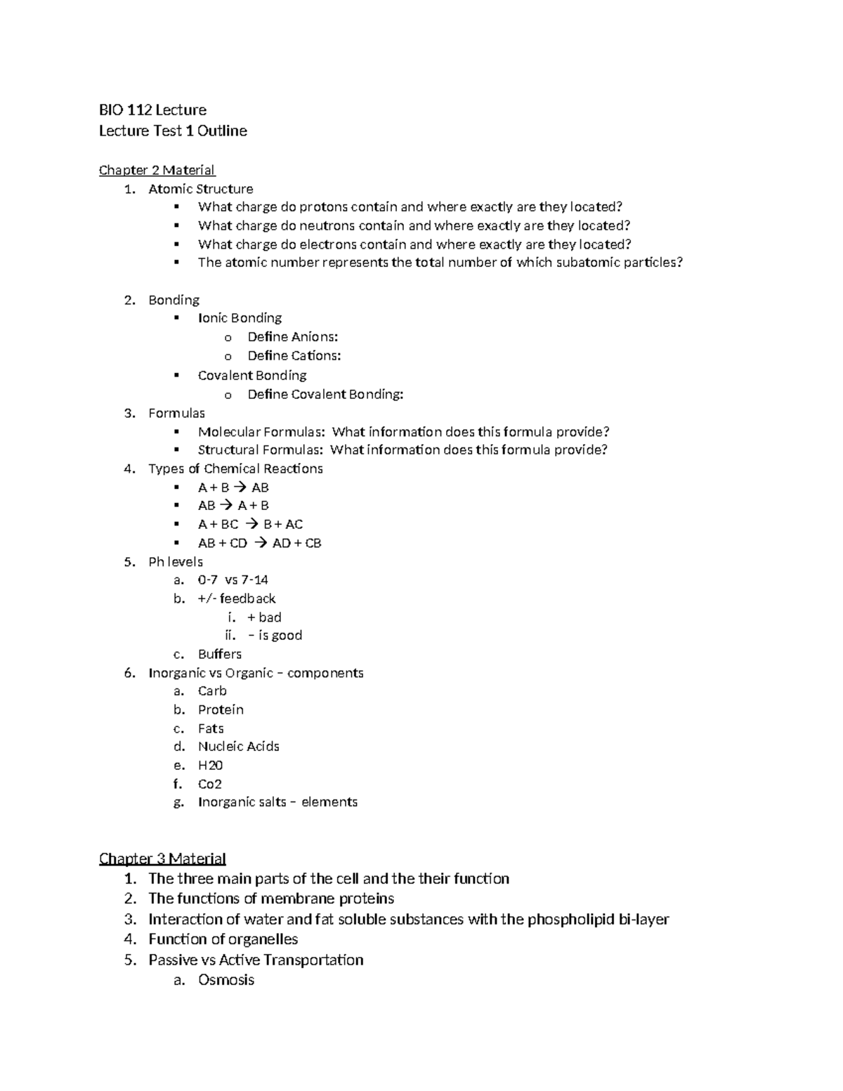 BIO 112 Lecture Test 1 Outline: Atomic Structure & Chemical Reactions ...