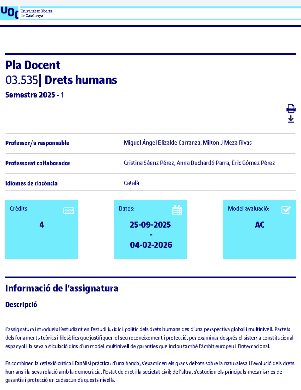 Pla Docent Dret Humans (DRET101) Semestre 2025-1 - Studocu