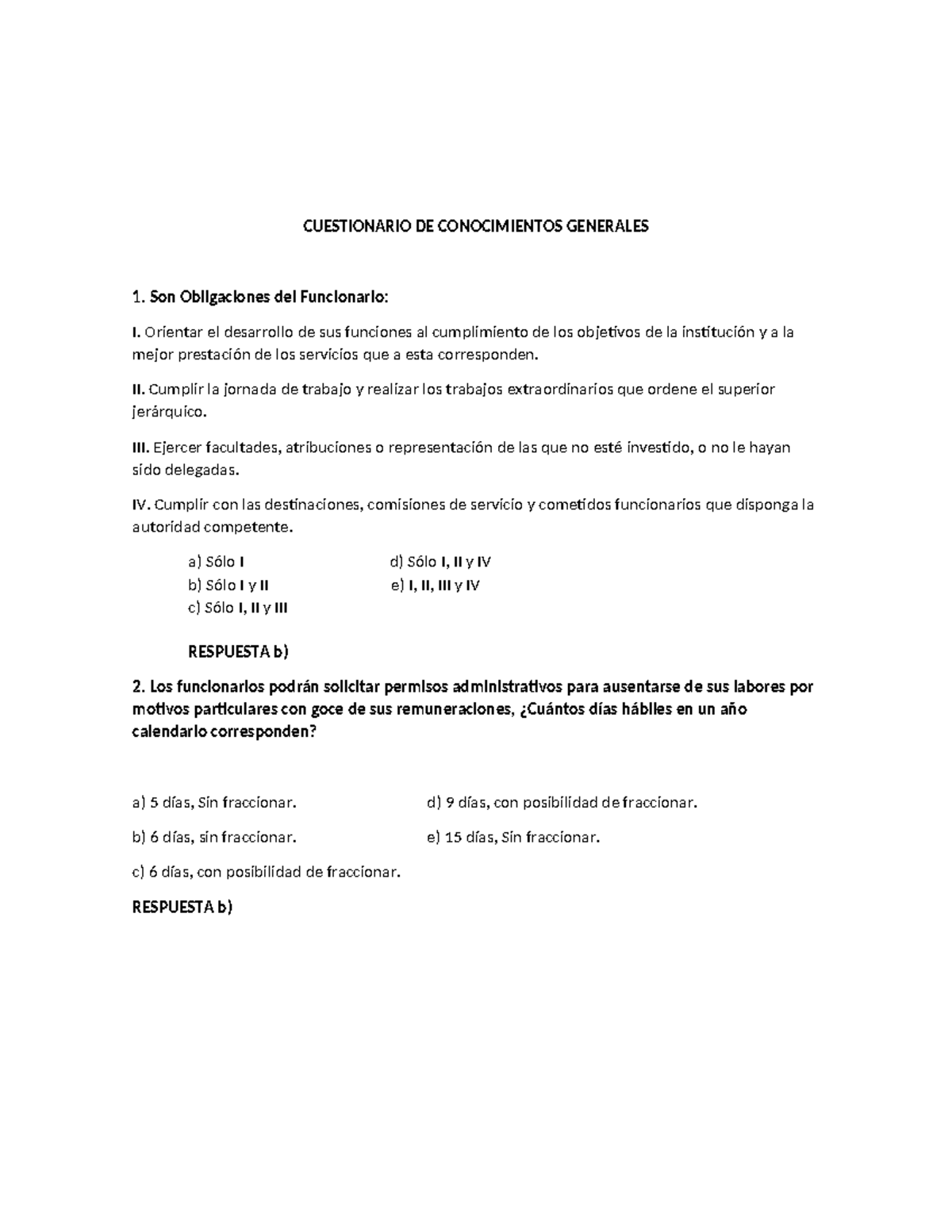 CUESTIONARIO DE CONOCIMIENTOS GENERALES - ESTATUTO ADMINISTRATIVO - Studocu